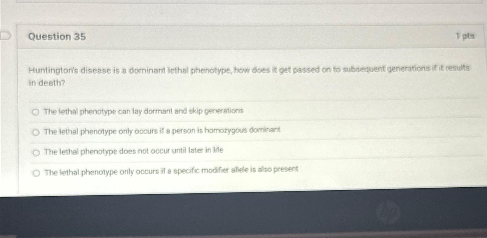 Solved Question 351 ﻿ptsHuntingtor's disease is a dominant | Chegg.com