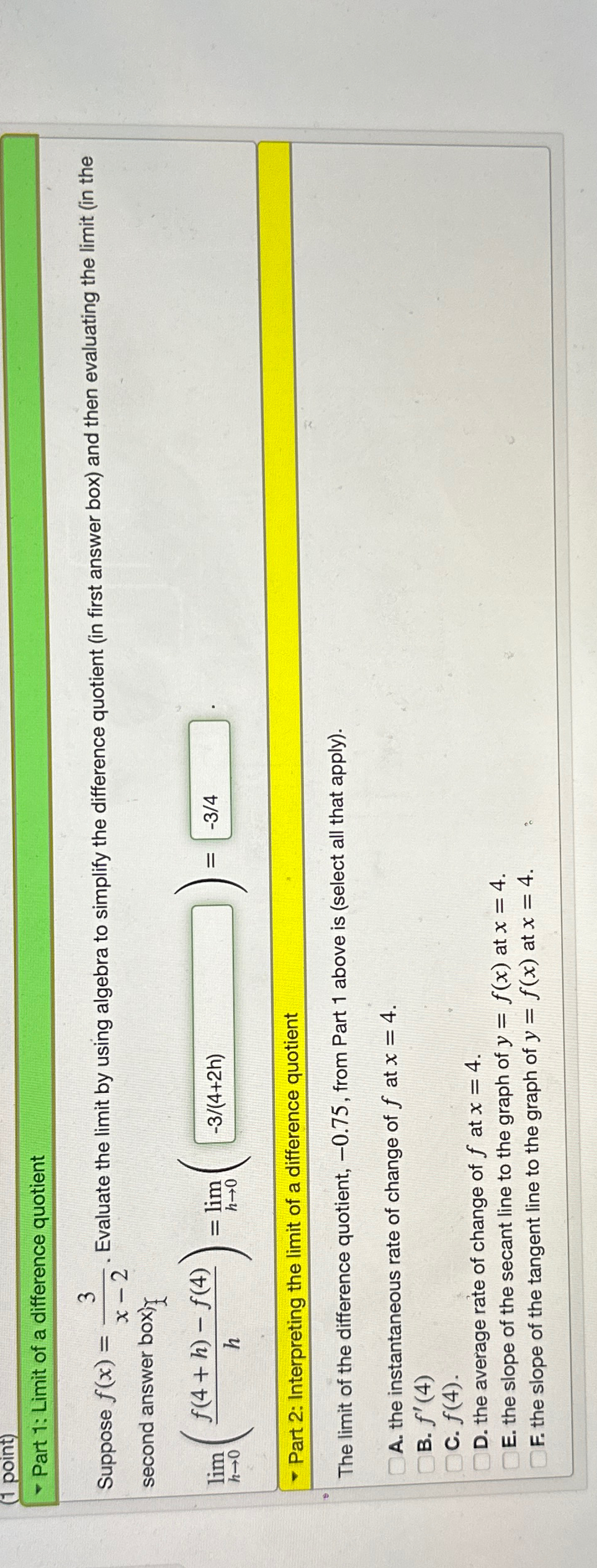 Solved 1 ﻿point)Part 1: Limit of a difference | Chegg.com