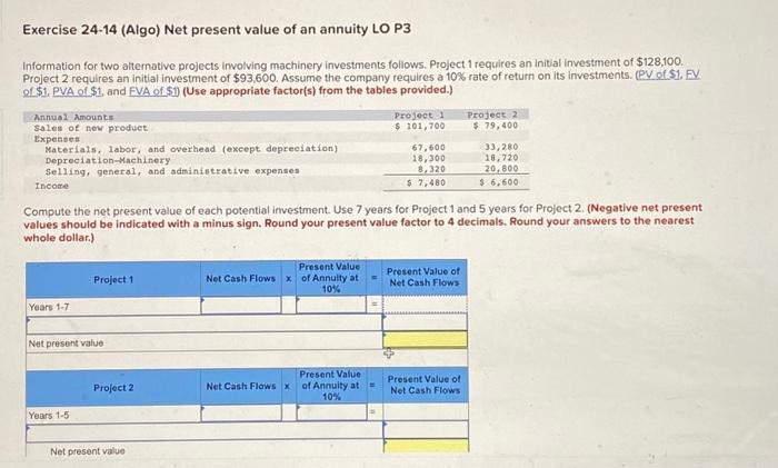 Solved Exercise 24-14 (Algo) Net present value of an annuity | Chegg.com