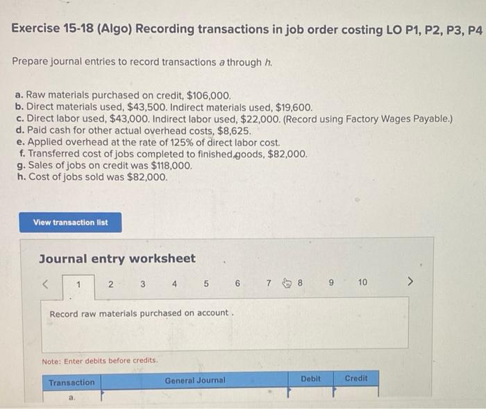 Solved Exercise 15-18 (Algo) Recording transactions in job | Chegg.com