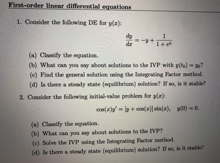 Solved First-order linear differential equations 1. Consider | Chegg.com