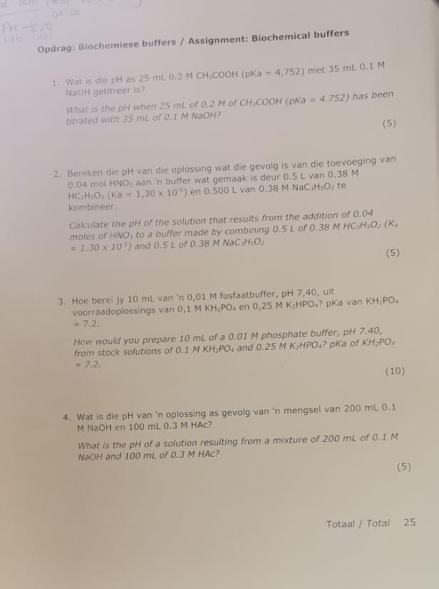 Solved Opdrag: Biochemiese buffers / Assignment: Biochemical | Chegg.com