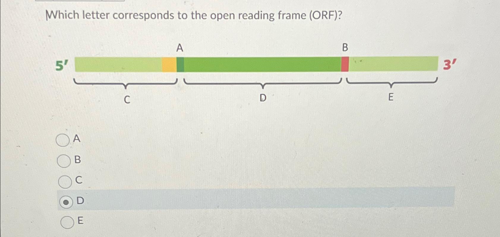 Solved Which letter corresponds to the open reading frame | Chegg.com
