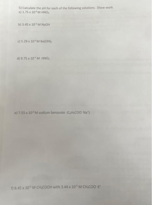 Solved 5) Calculate the pH for each of the following | Chegg.com