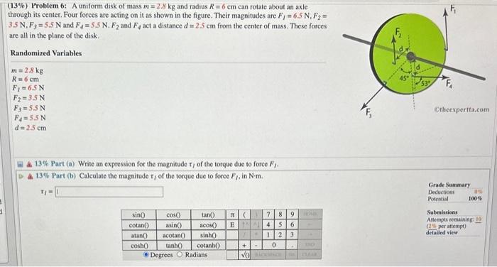 Solved (13\%) P'roblem 6: A uniform disk of mass m=2.8 kg | Chegg.com