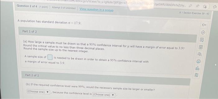 Solved population has standard deviation σ=17,9. Part 1 of 2 | Chegg.com