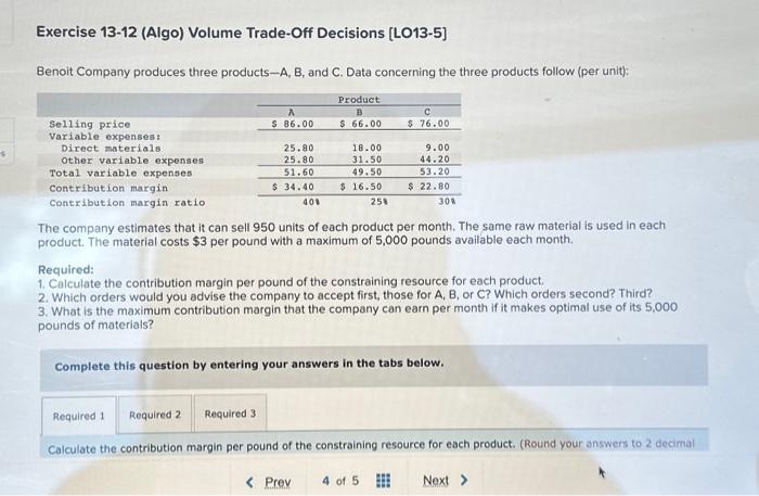 Solved Exercise 13-12 (Algo) Volume Trade-Off Decisions | Chegg.com