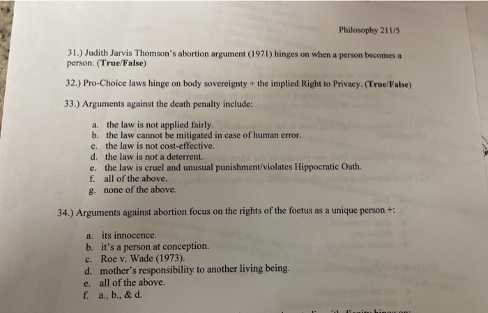 Philosophy 211/5 31.) Judith Jarvis Thomson's | Chegg.com