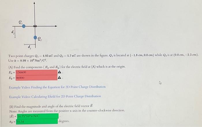 Solved Two point charger Q1=4.93nC and Q2=5.7nC are shown in | Chegg.com
