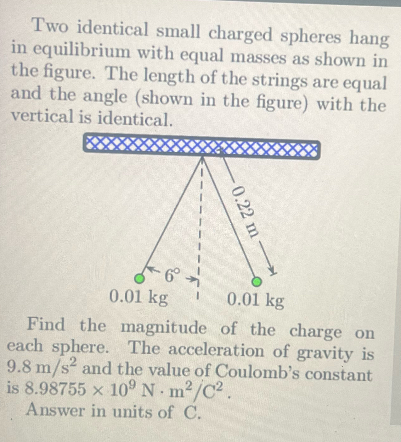 Solved Two identical small charged spheres hang in | Chegg.com