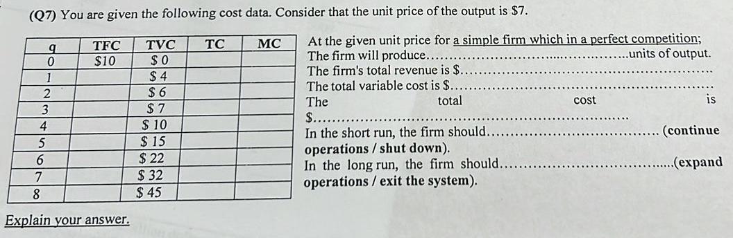Solved (Q7) ﻿You are given the following cost data. Consider | Chegg.com