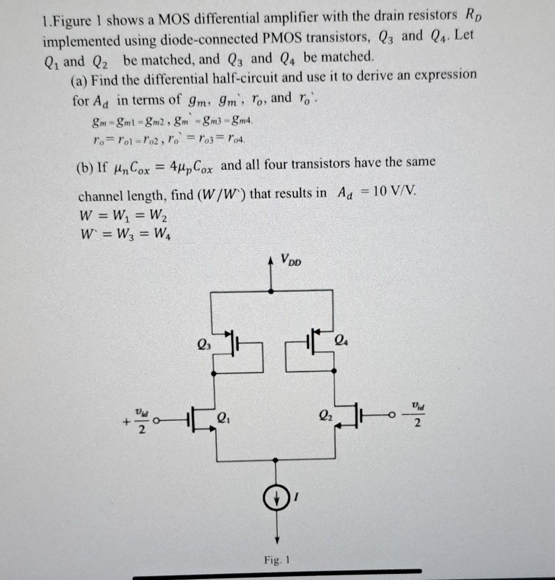Solved 1.Figure 1 shows a MOS differential amplifier with | Chegg.com