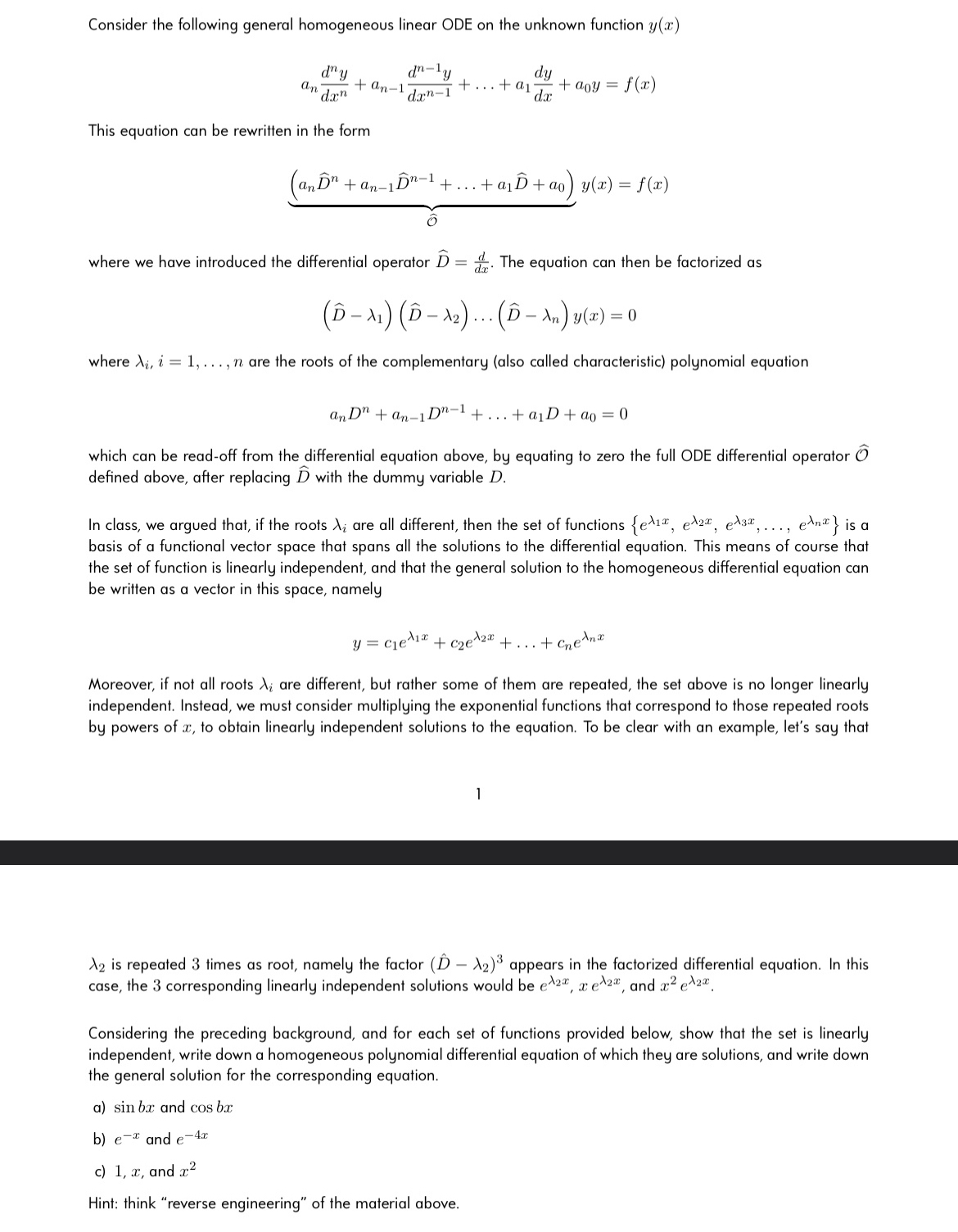 Solved Consider the following general homogeneous linear ODE | Chegg.com