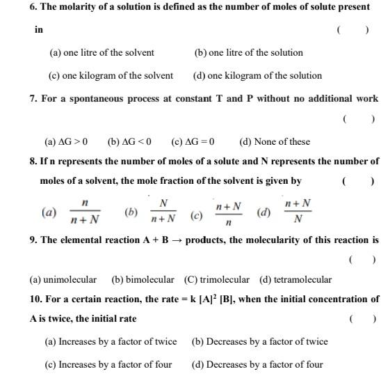 Solved 6. The molarity of a solution is defined as the | Chegg.com