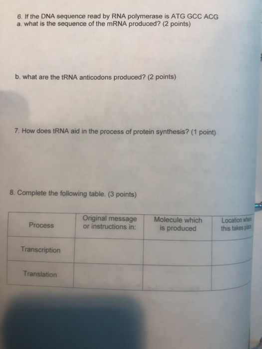 Solved 6. If the DNA sequence read by RNA polymerase is ATG | Chegg.com