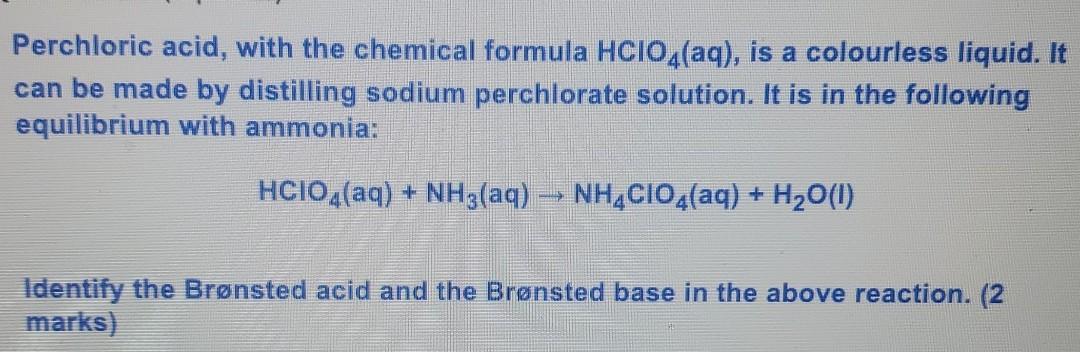 Solved Perchloric acid, with the chemical formula HC104(aq), | Chegg.com