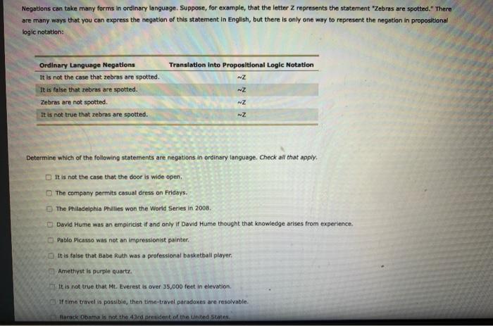 Solved Negations can take many forms in ordinary language. | Chegg.com