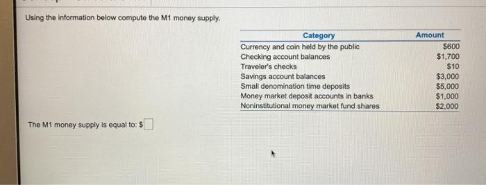 Solved Using the information below compute the M1 money | Chegg.com