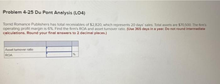 Solved Problem 4-25 Du Pont Analysis (L04) Torrid Romance | Chegg.com