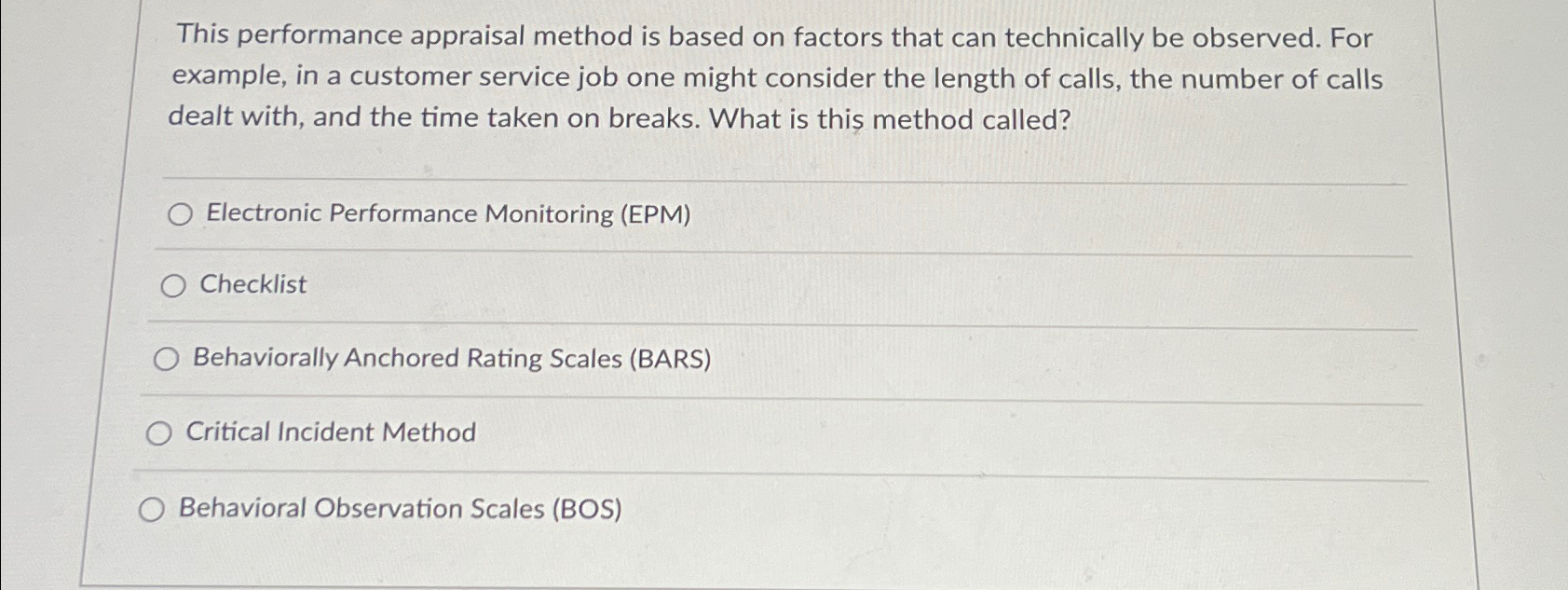 Solved This performance appraisal method is based on factors | Chegg.com