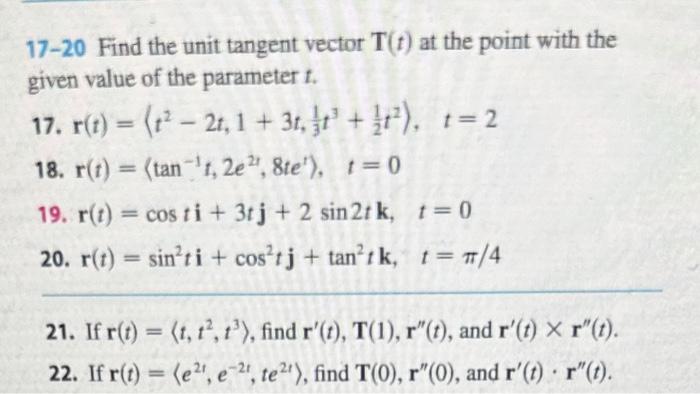 Solved 17-20 Find the unit tangent vector T(t) at the point | Chegg.com