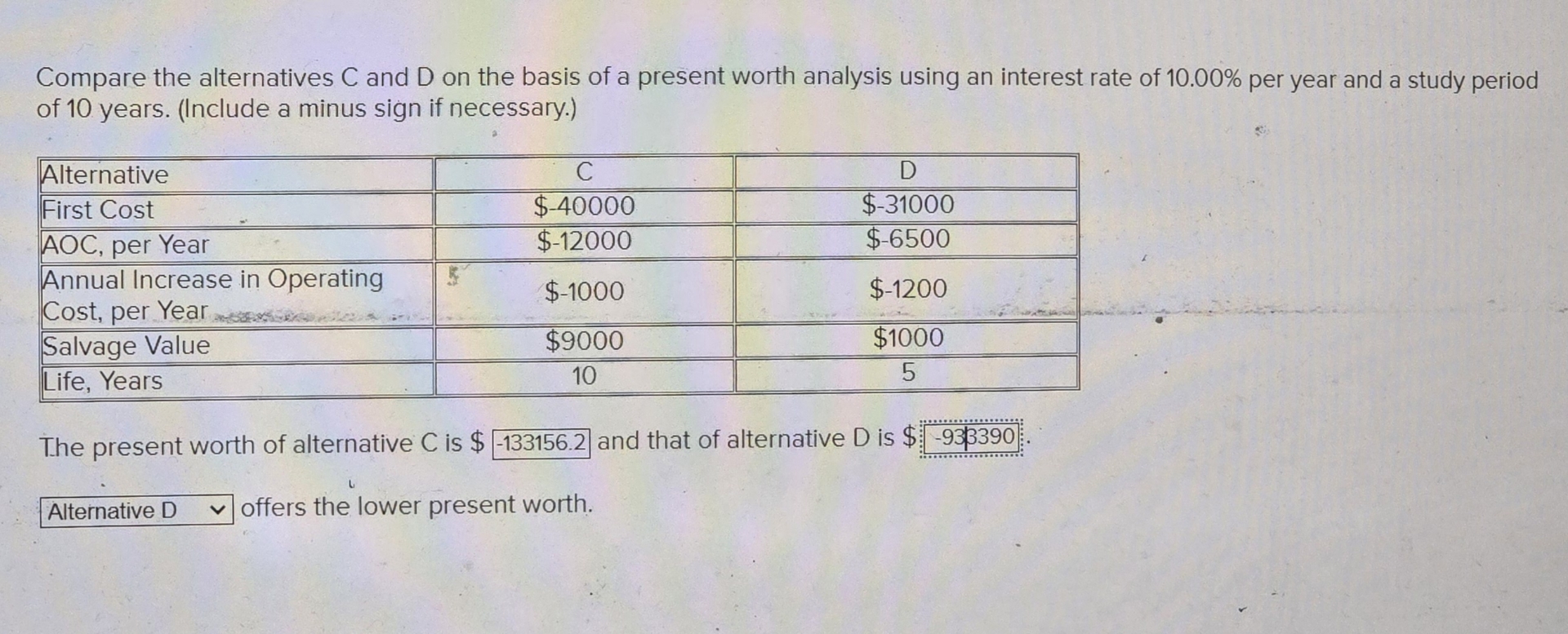 Solved Compare the alternatives C ﻿and D ﻿on the basis of a | Chegg.com