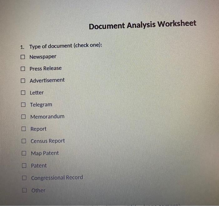 Document Analysis Worksheet 1. Type of document | Chegg.com