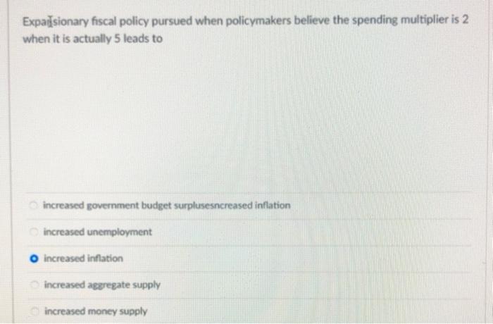 Solved Expansionary fiscal policy pursued when policymakers | Chegg.com