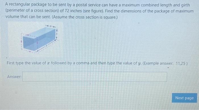 Solved A rectangular package to be sent by a postal service | Chegg.com