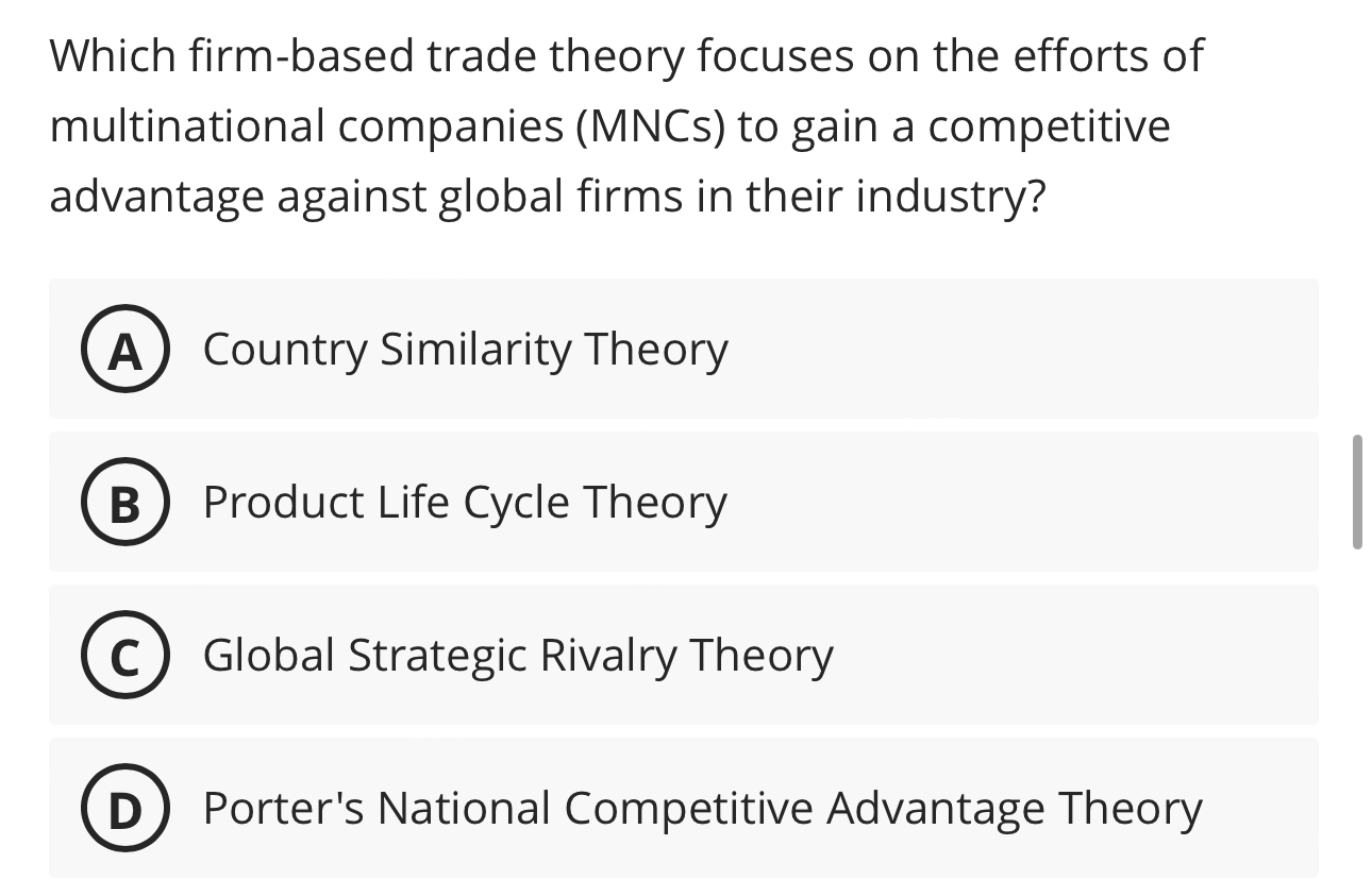 Solved Which firm-based trade theory focuses on the efforts | Chegg.com