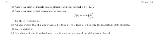 Solved 3 (15 marks) (a) Create an array of linearly spaced | Chegg.com
