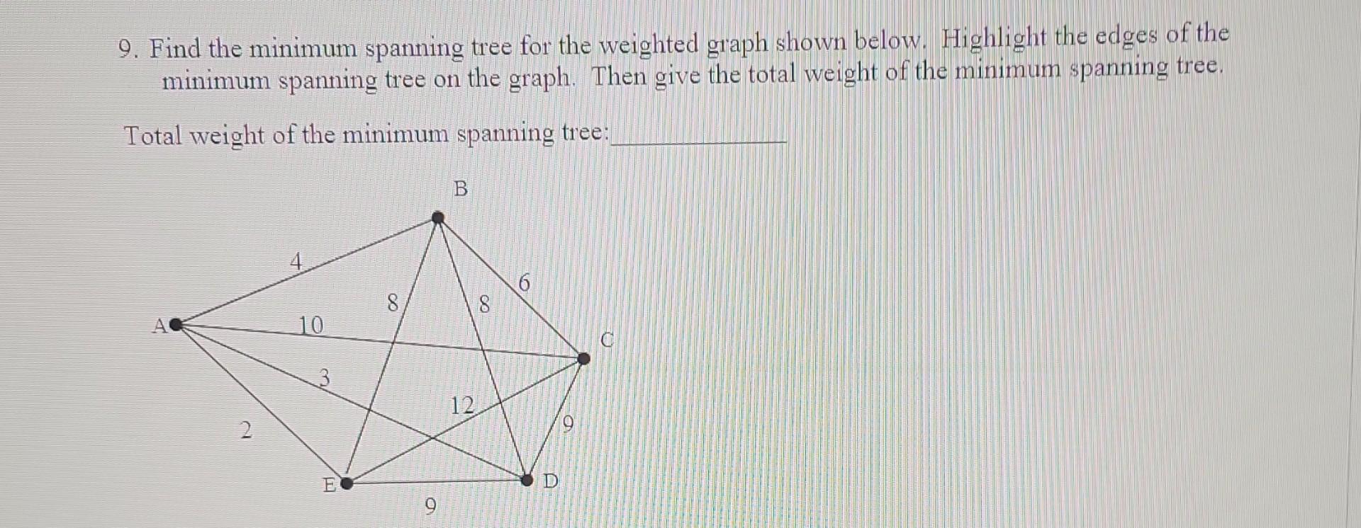 Solved 9. Find the minimum spanning tree for the weighted | Chegg.com