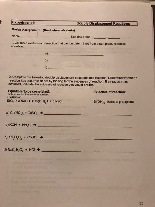Solved Experiment 9 Double Displacement Reactions Prelab | Chegg.com