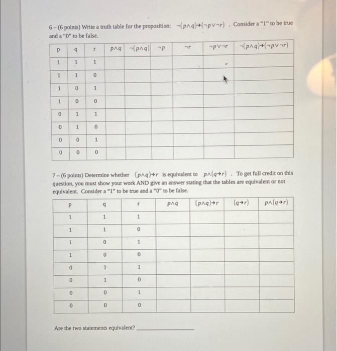 Solved 6-(6 points) Write a truth table for the proposition: | Chegg.com