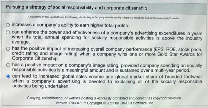 Solved Pursuing a strategy of social responsibility and | Chegg.com