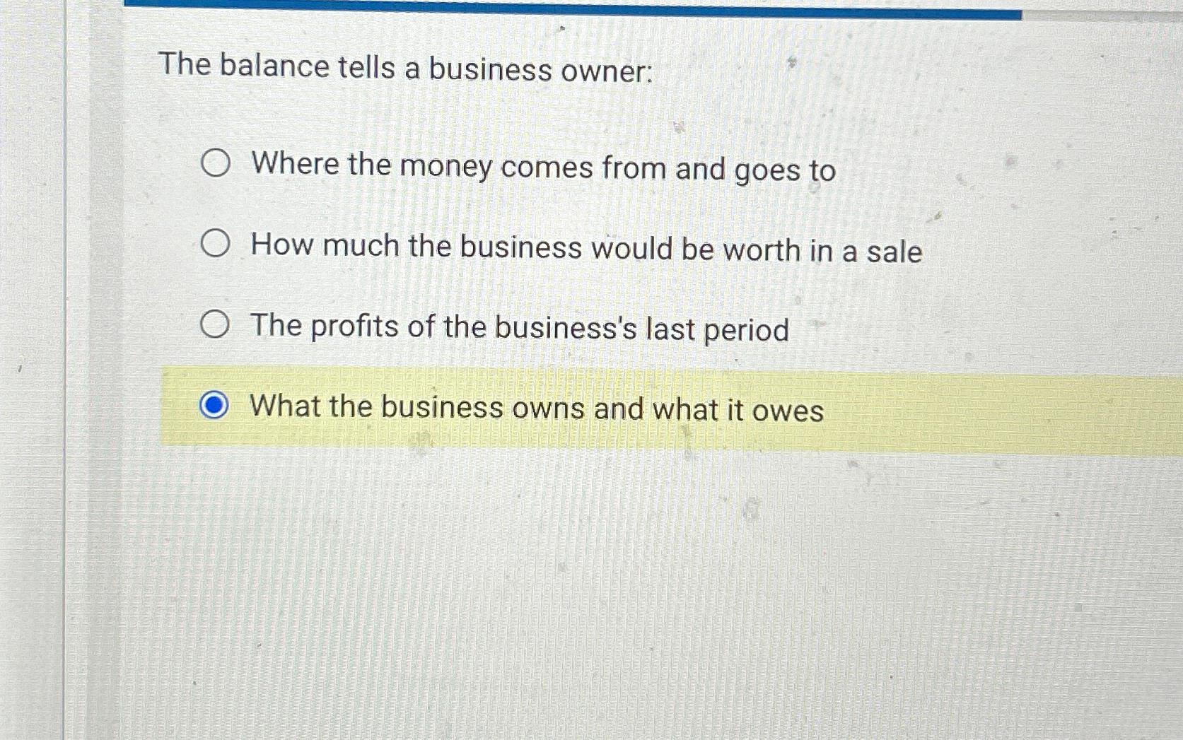 Solved The balance tells a business owner:Where the money | Chegg.com