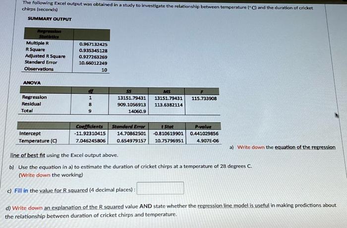 Solved The following Excel output was obtained in a study to | Chegg.com