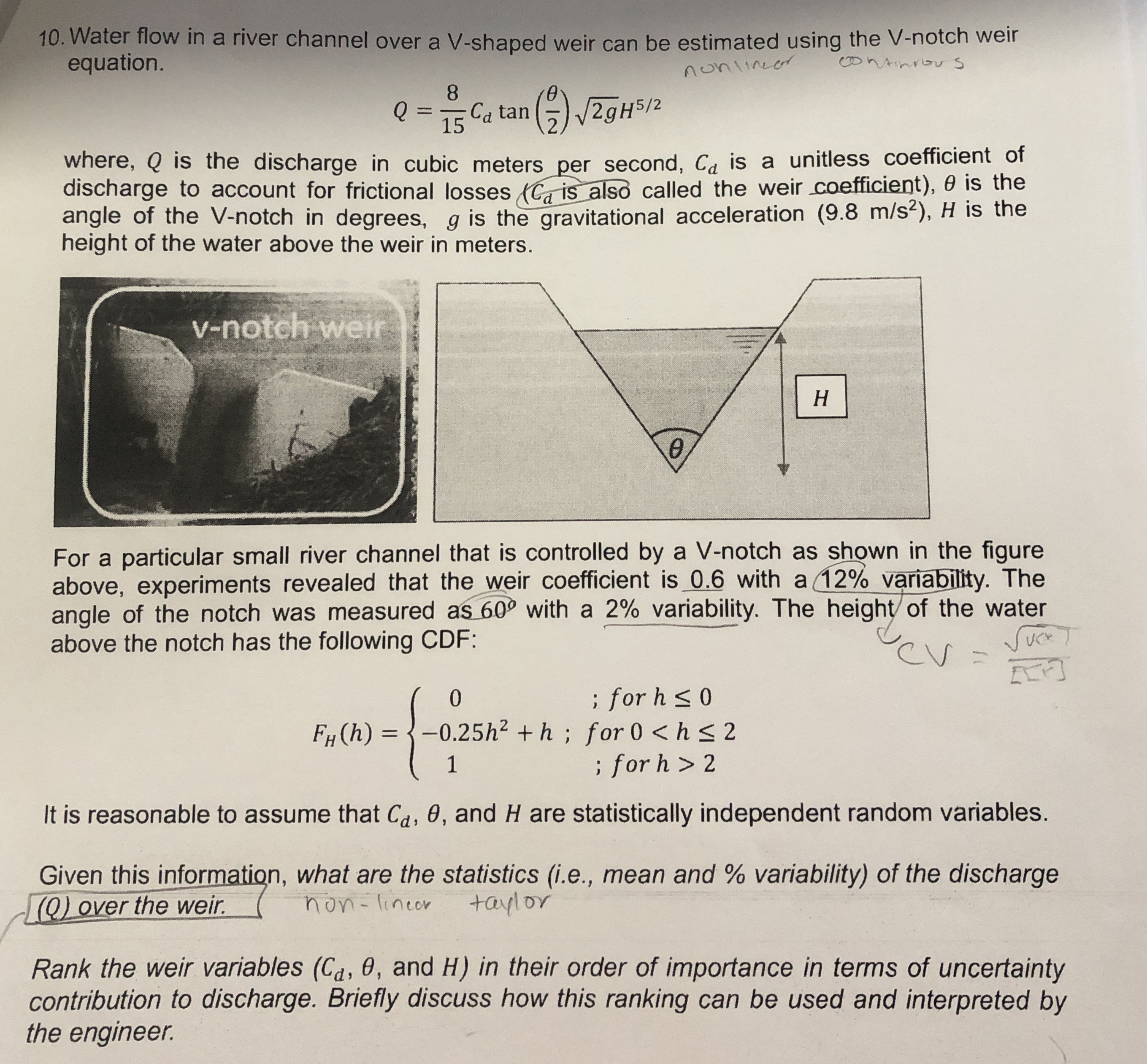 Water flow in a river channel over a V-shaped weir | Chegg.com