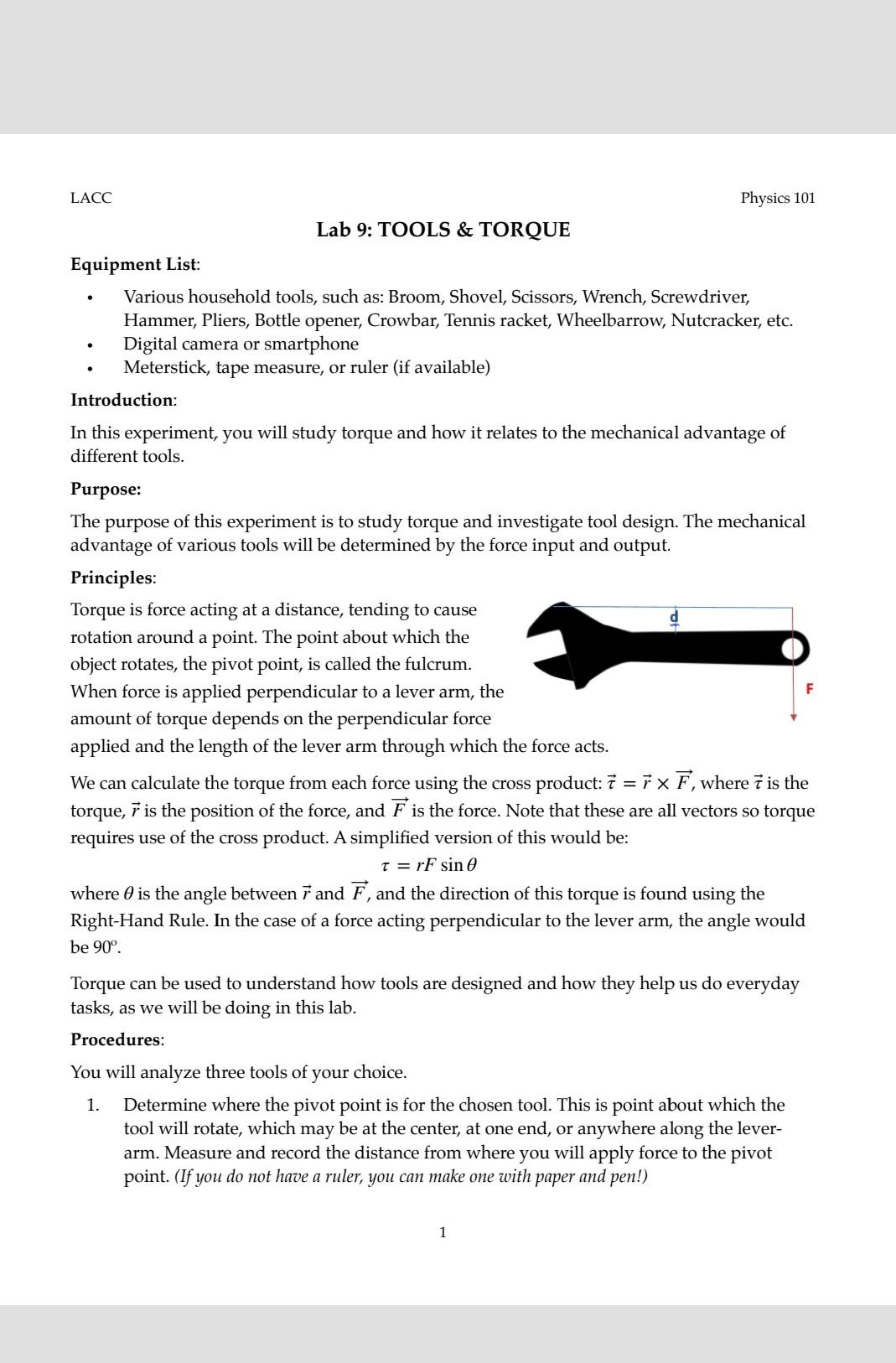 . LACC Physics 101 Lab 9: TOOLS & TORQUE Equipment | Chegg.com