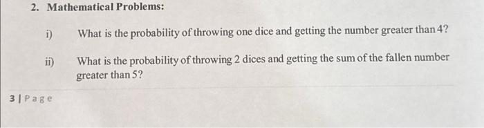 Solved 2. Mathematical Problems: i) What is the probability | Chegg.com