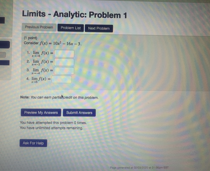 Solved Limits - Analytic: Problem 1 Previous Problem Problem | Chegg.com