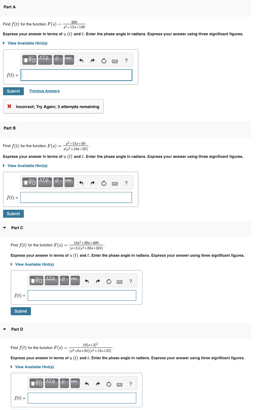 Solved Part AFind f(t) ﻿for the function | Chegg.com