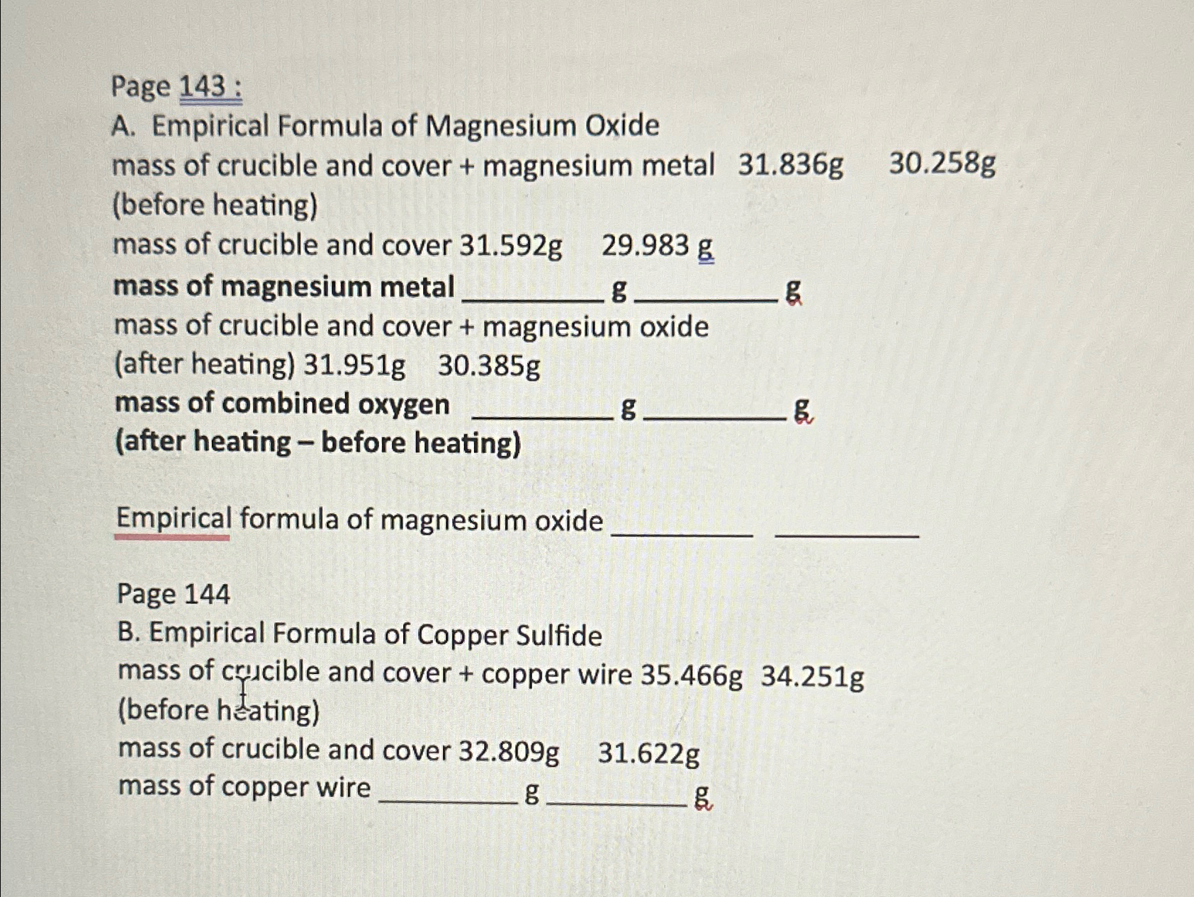 Solved Page 143 ﻿:A. ﻿Empirical Formula of Magnesium | Chegg.com
