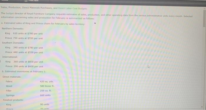 Solved Sales, Production Direct Materials Purchases, and ect | Chegg.com