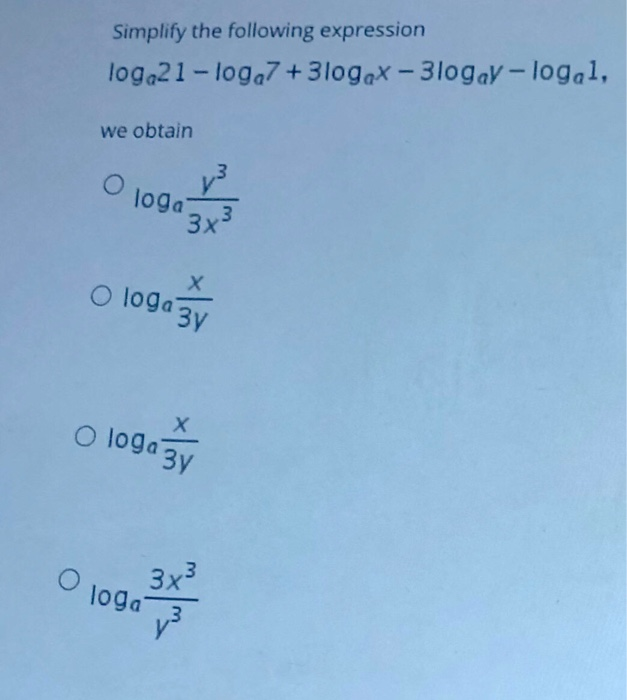 Solved Simplify the following expression log 21-log,7 | Chegg.com