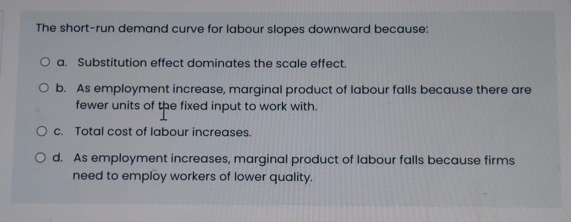 Solved The short-run demand curve for labour slopes downward | Chegg.com