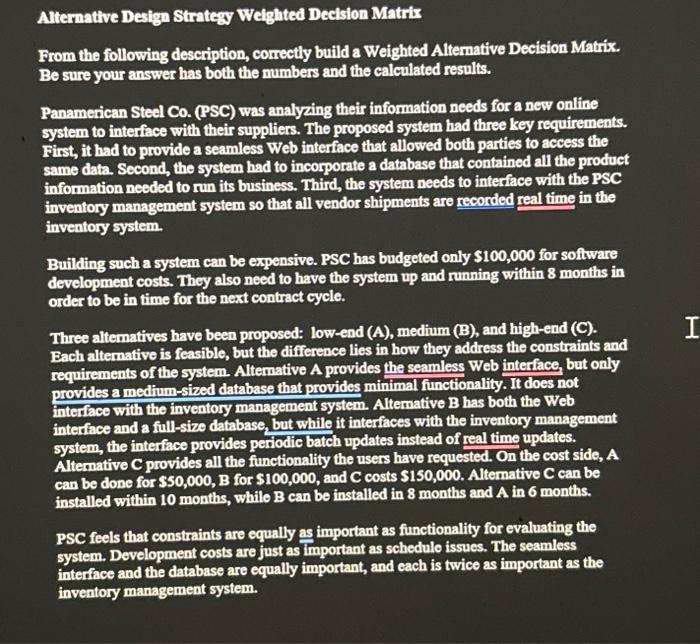 Solved Alternative Design Strategy Weighted Decislon Matrix | Chegg.com