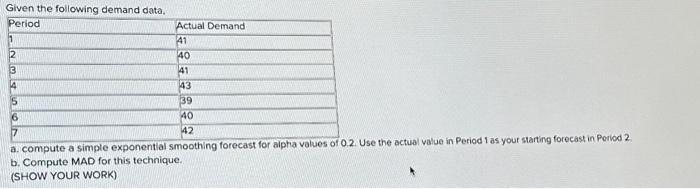 Solved Given the following demand data, Period 1 234567 | Chegg.com