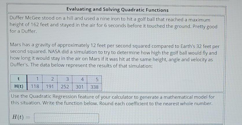 Solved Evaluating and Solving Quadratic Functions Duffer | Chegg.com