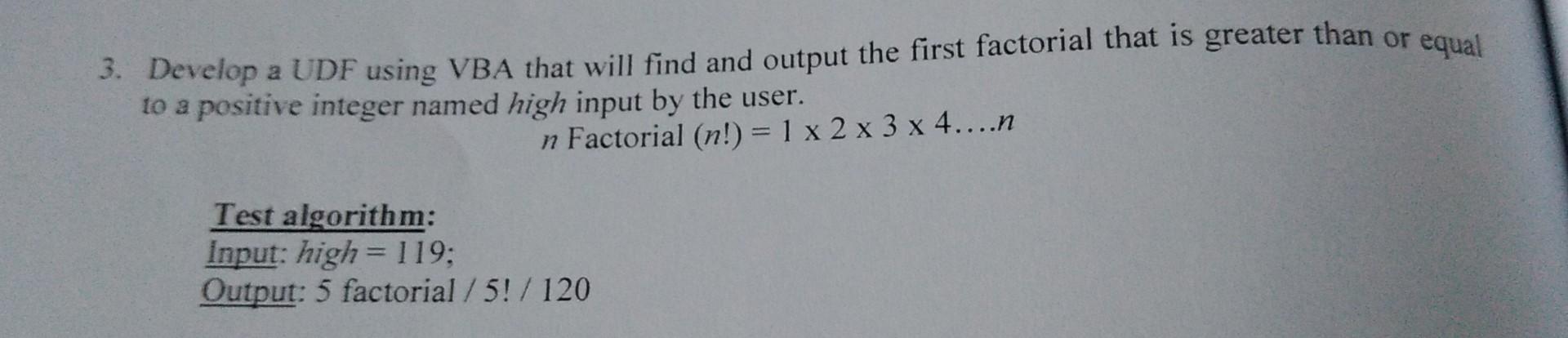 Solved 3. Develop a UDF using VBA that will find and output | Chegg.com